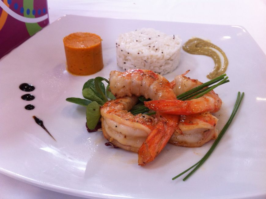 Reteta MasterChef - Creveti jumbo cu chilly, puree de dovleac si orez ...